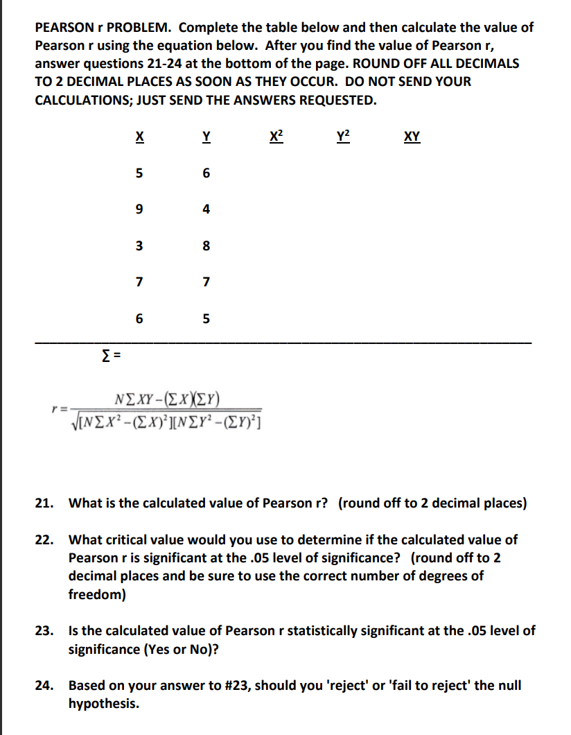 Solved PEARSON r PROBLEM. Complete the table below and then | Chegg.com