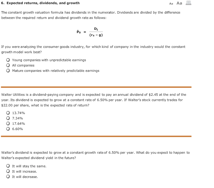 Solved 6. Expected returns, dividends, and growth Aa Aa The | Chegg.com