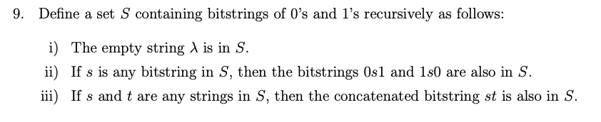 Solved 9. Define a set S containing bitstrings of 0's and | Chegg.com
