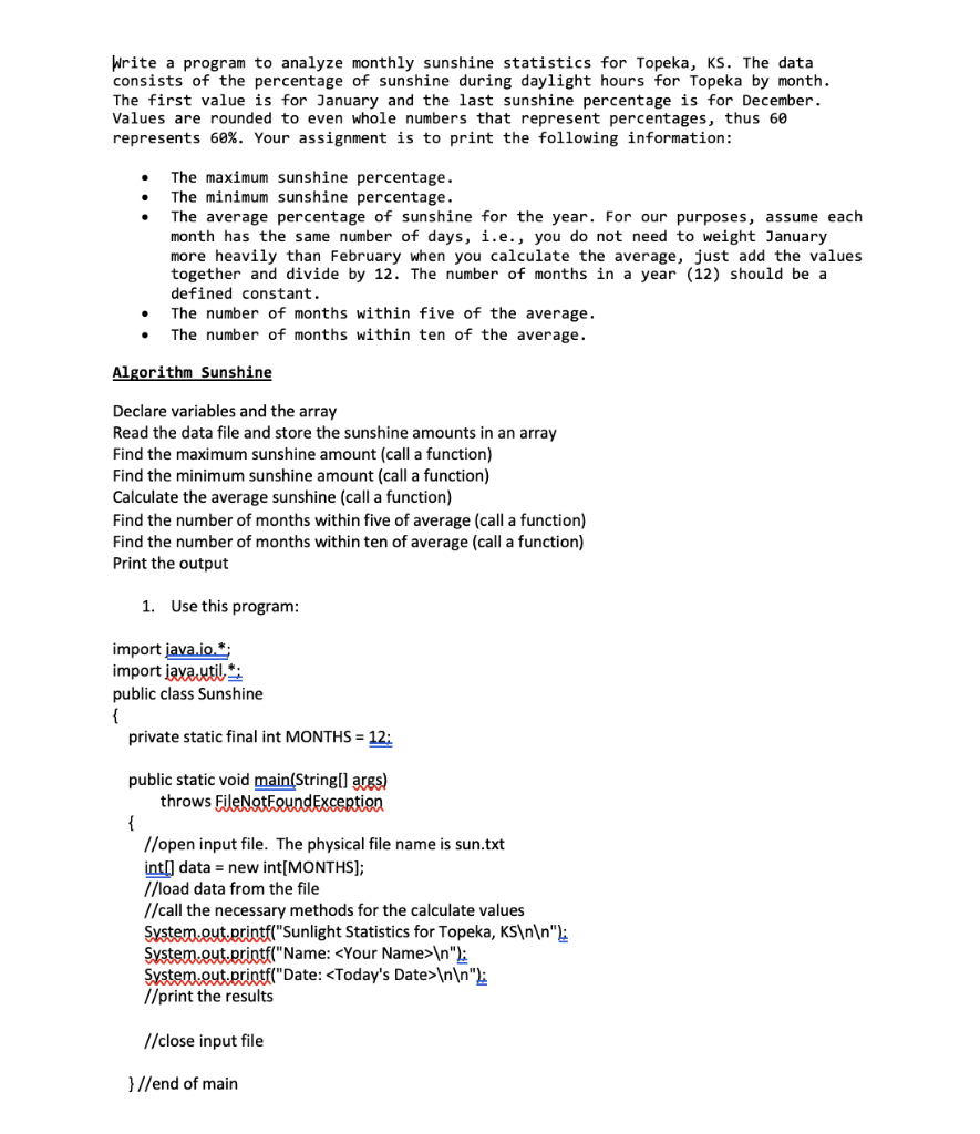 Solved Write a program to analyze monthly sunshine | Chegg.com