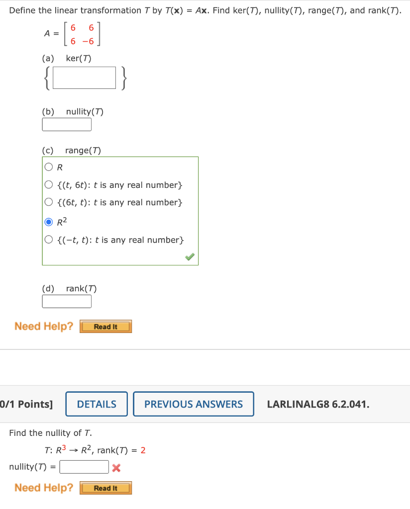 Solved Define the linear transformation T by T(x)=Ax | Chegg.com