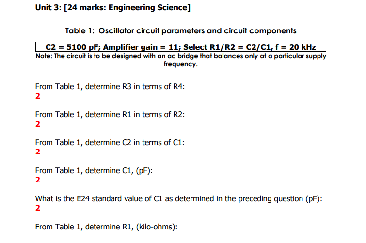 Solved Unit 3: [24 marks: Engineering Science] Table 1: | Chegg.com