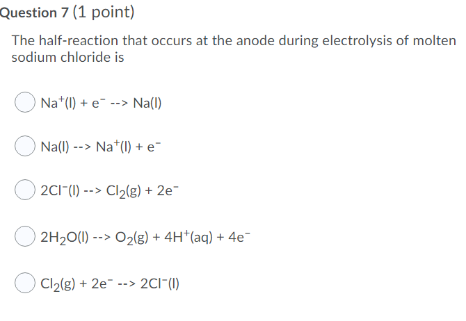 Solved Question 7 (1 point) The half-reaction that occurs at | Chegg.com