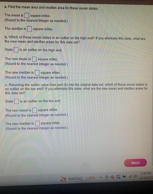 Solved a. Find the mean area and median area for these seven | Chegg.com