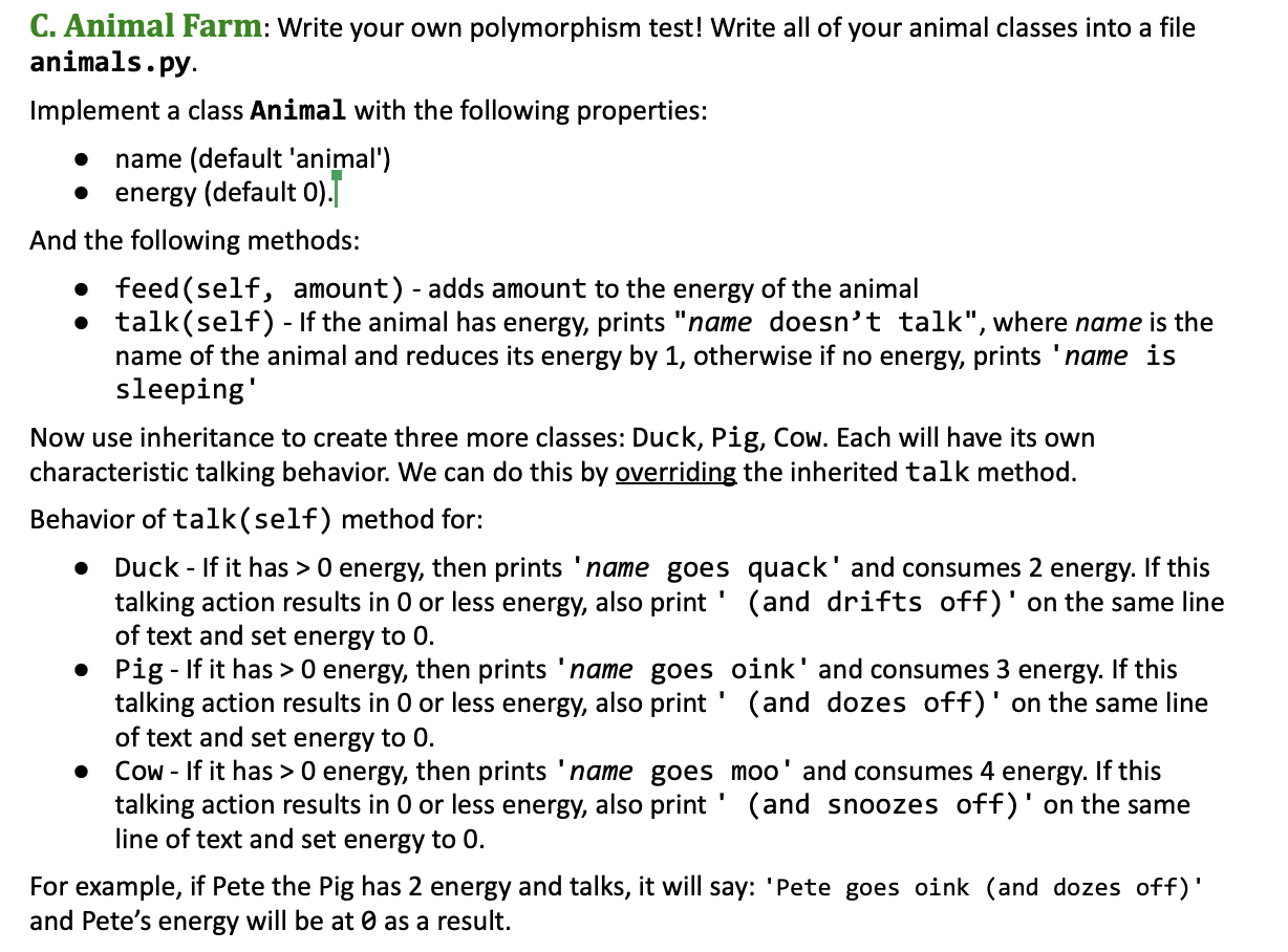 Solved C. Animal Farm: Write your own polymorphism test! | Chegg.com
