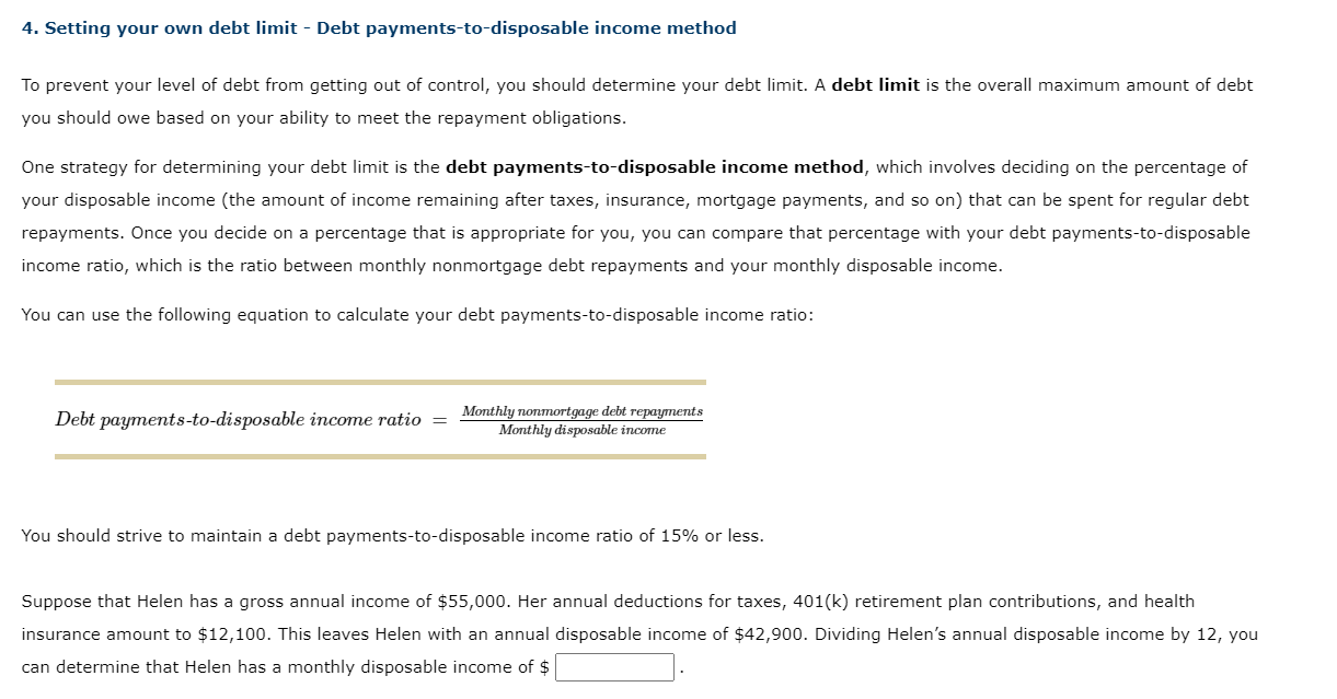 Solved 4. Setting your own debt limit - Debt | Chegg.com