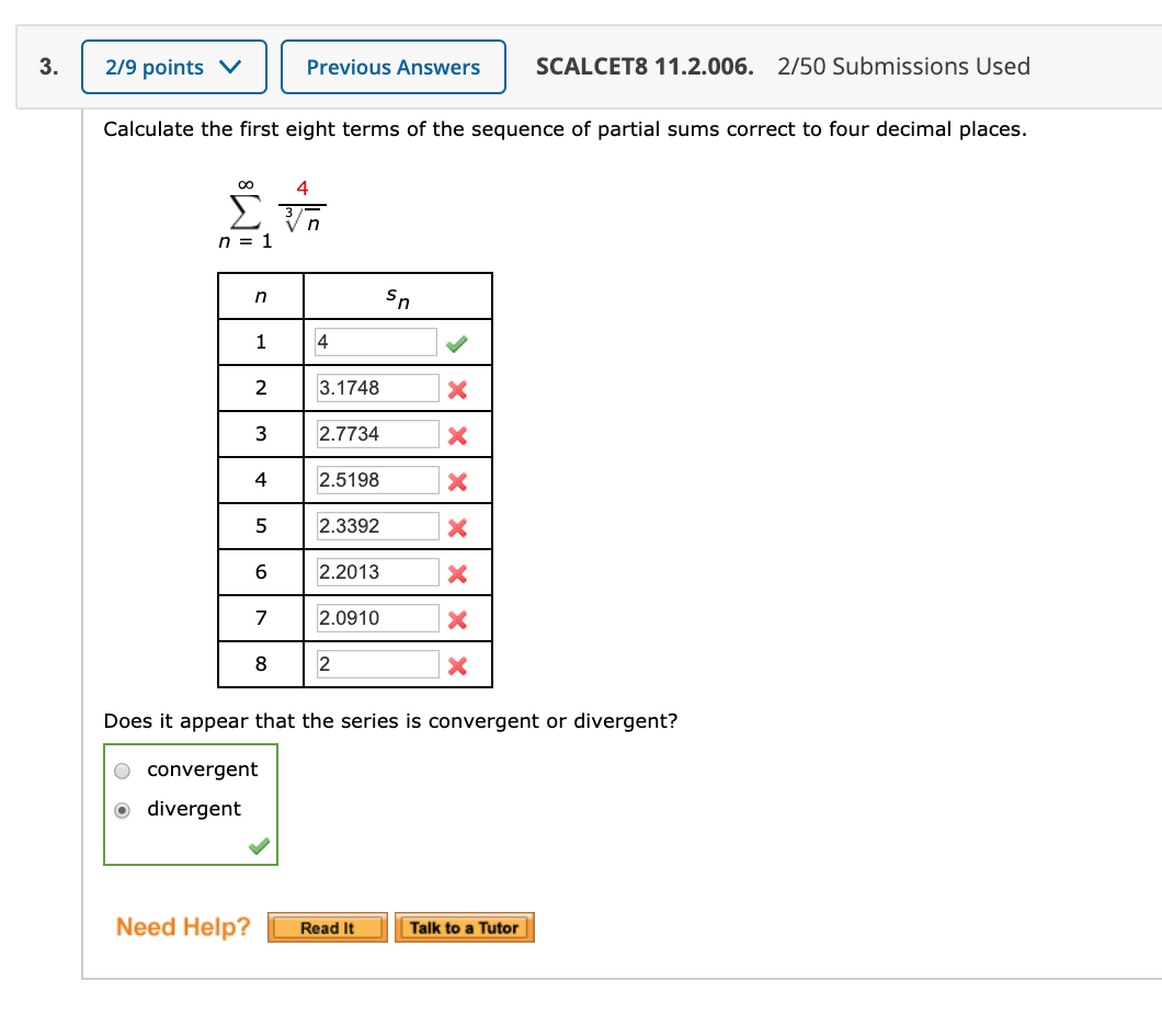 Solved 2/9 points v Previous Answers SCALCET8 11.2.006. 2/50 | Chegg.com