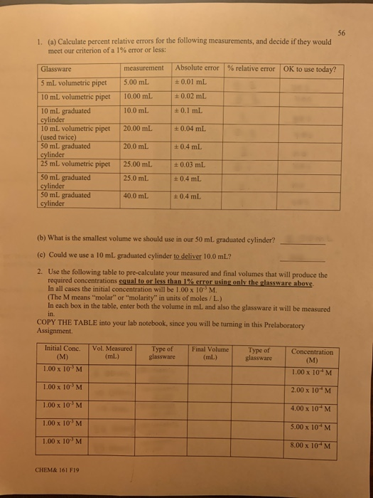 Solved 1. (a) Calculate percent relative errors for the | Chegg.com