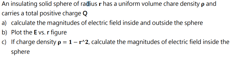 Solved An insulating solid sphere of radius r has a uniform | Chegg.com