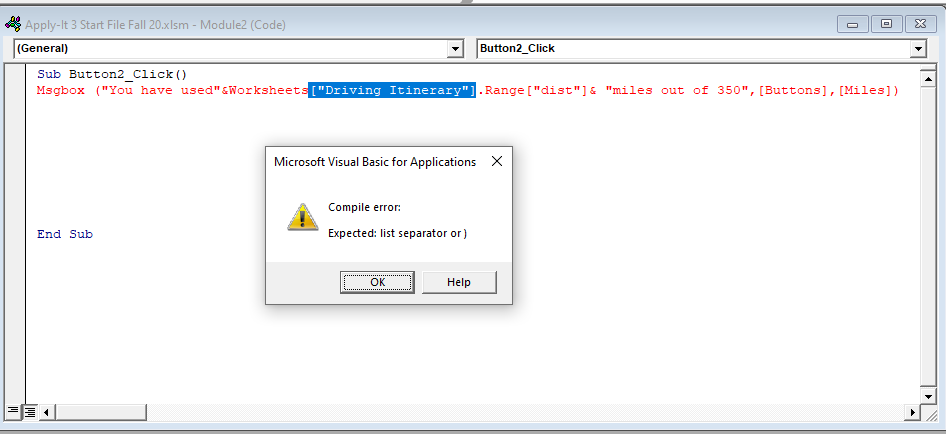 Solved x Apply-It 3 Start File Fall 20.xlsm - Module (Code) | Chegg.com