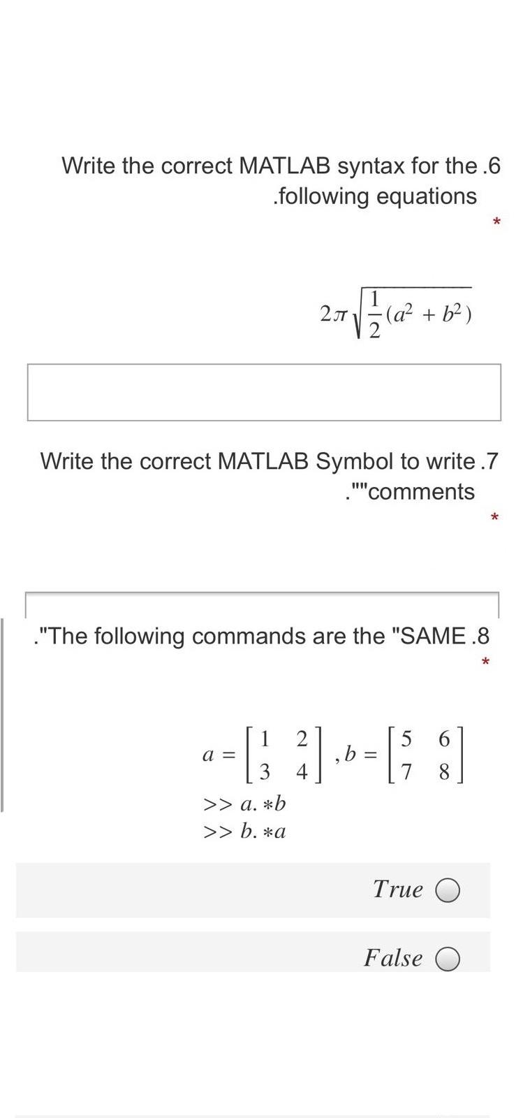 Solved Write The Correct Matlab Syntax For The 6 Following