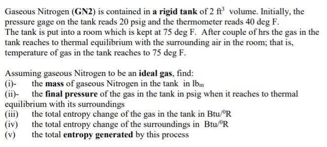 Solved Gaseous Nitrogen (GN2) is contained in a rigid tank | Chegg.com