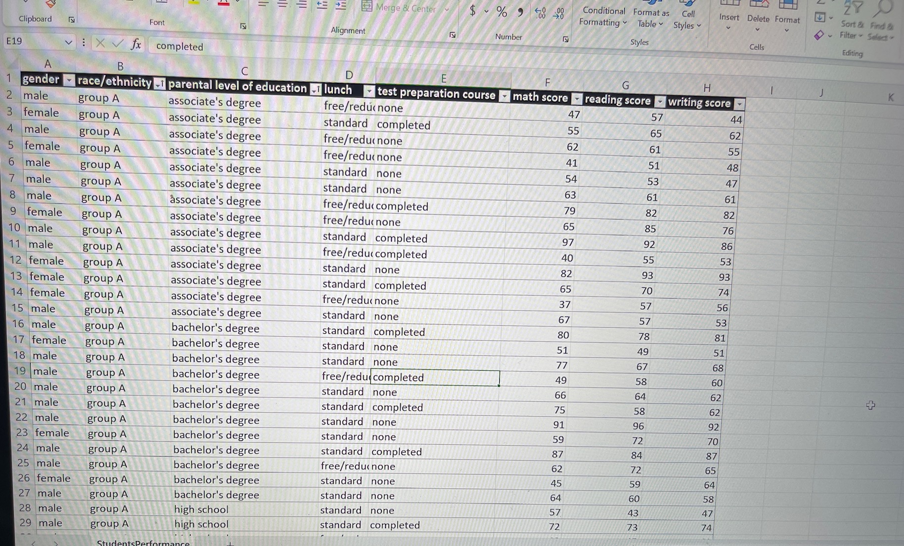 Solved Open the StudentsPerformance Excel file from | Chegg.com
