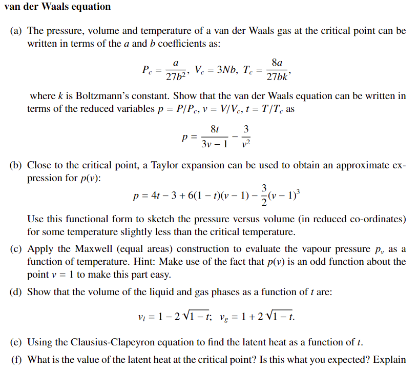 Solved van der Waals equation (a) The pressure, volume and | Chegg.com