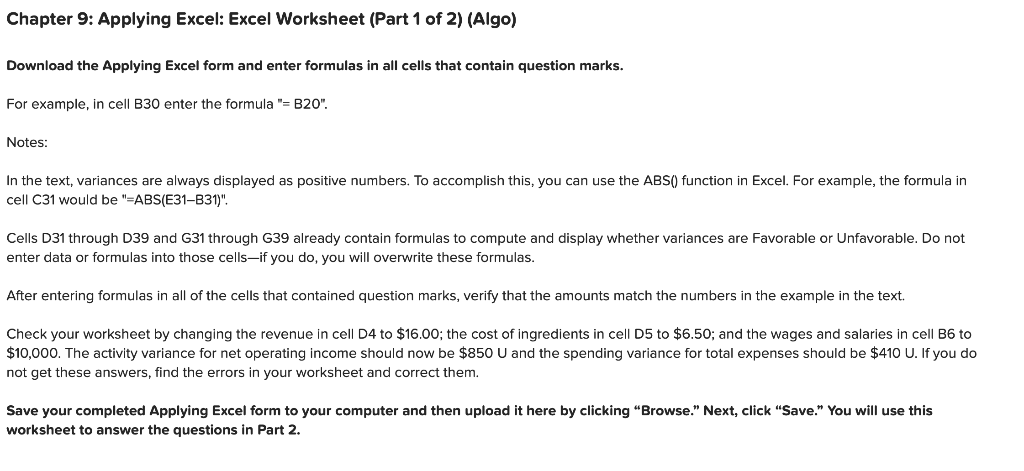 Solved Chapter 9: Applying Excel: Excel Worksheet (Part 1 of | Chegg.com