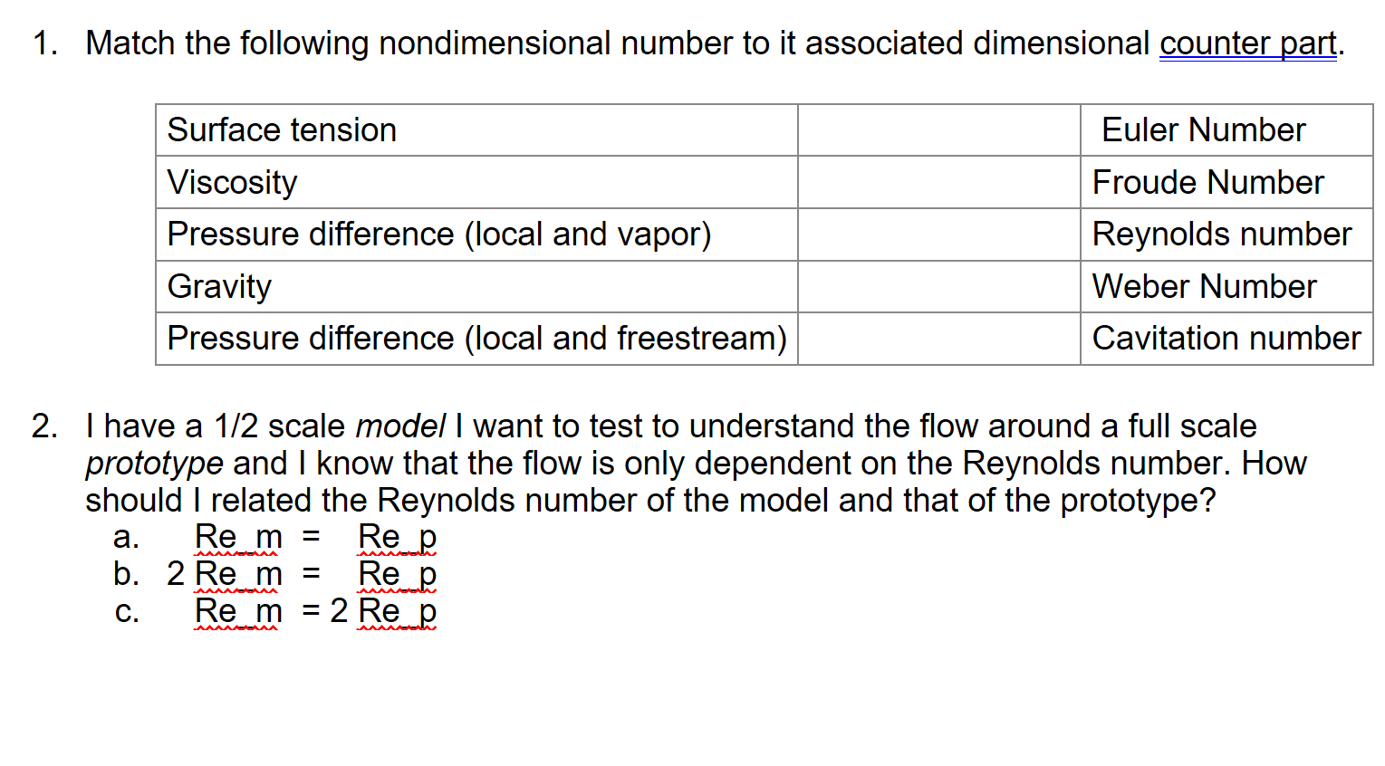 Solved 1. Match the following nondimensional number to it | Chegg.com