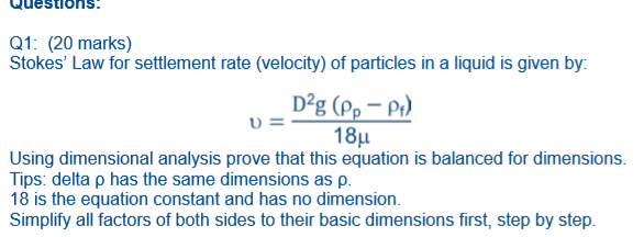 Solved Questions. Q1: (20 marks) Stokes' Law for settlement | Chegg.com