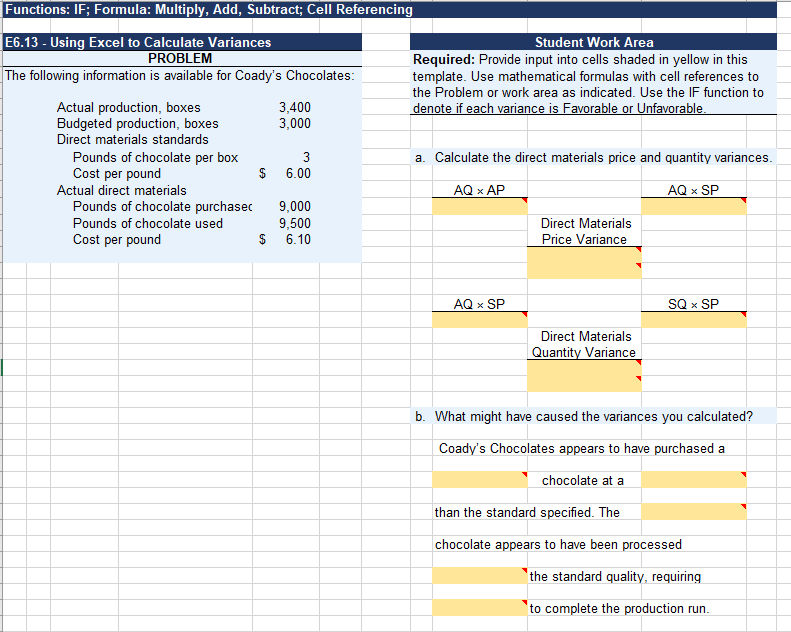Solved Functions: IF; Formula: Multiply, Add, Subtract; Cell | Chegg.com