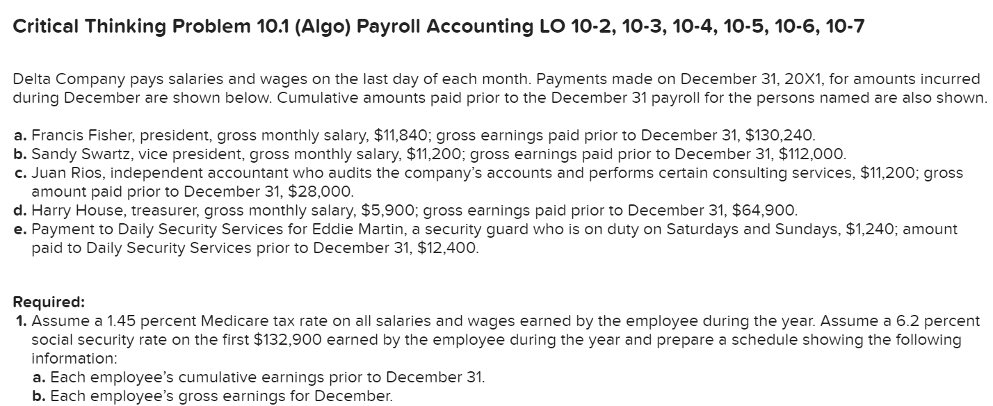 Solved Critical Thinking Problem 10.1 (Algo) Payroll | Chegg.com
