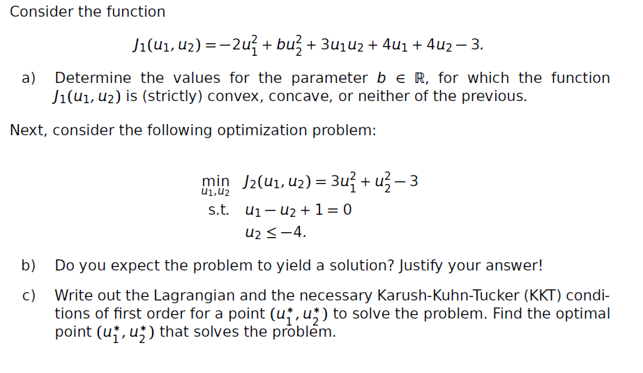 Solved Consider the function J1(U1, 12) =-2u} + buz + 3u1U2 | Chegg.com