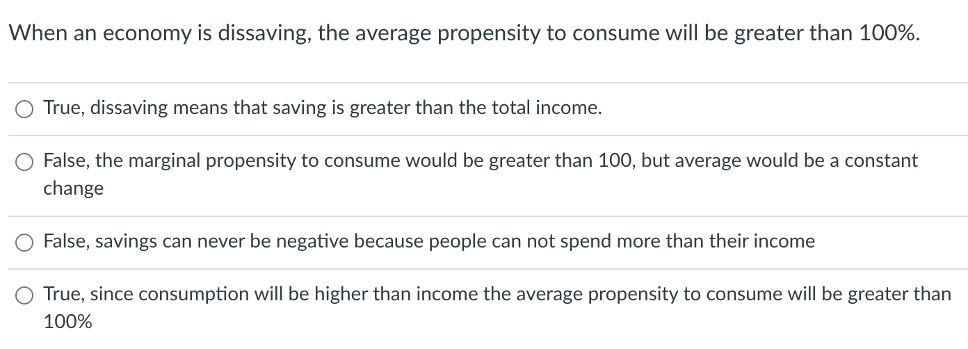 Solved When an economy is dissaving, the average propensity | Chegg.com