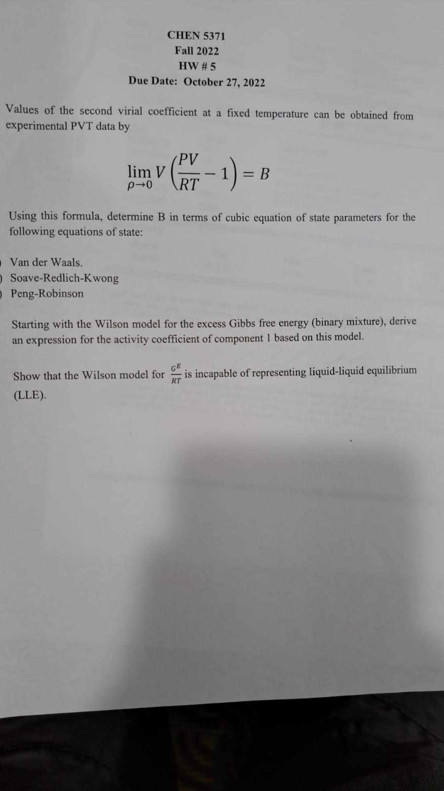 Solved Values of the second virial coefficient at a fixed | Chegg.com