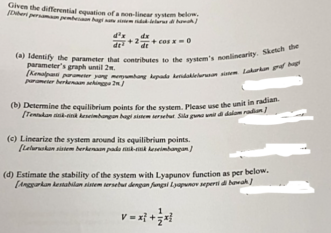 Solved Given the differential equation of a non-linear | Chegg.com