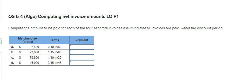 Solved QS 5-4 (Algo) Computing net invoice amounts LO P1 | Chegg.com