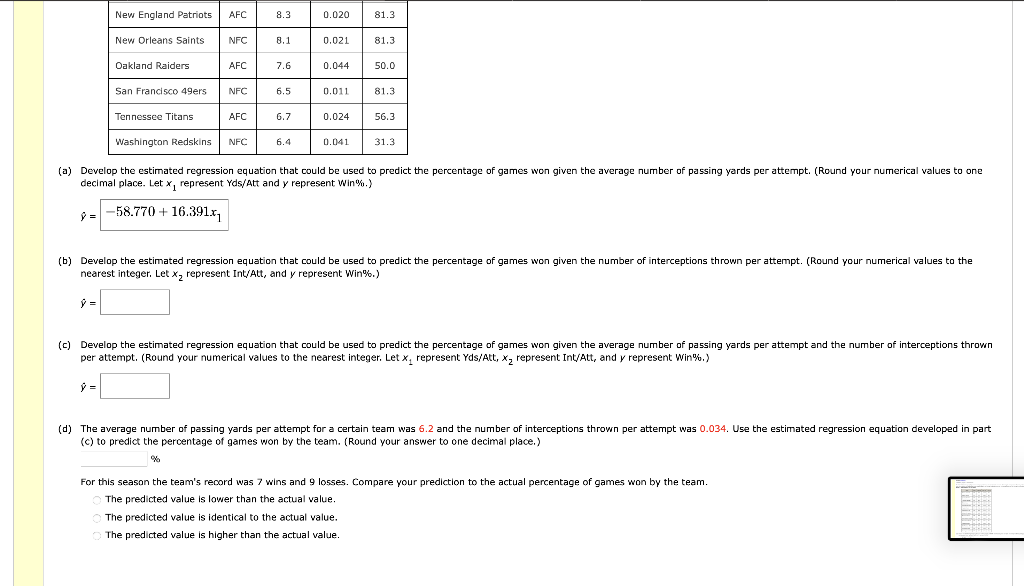 Solved DATAfile: NFLPassing A statistical program is | Chegg.com