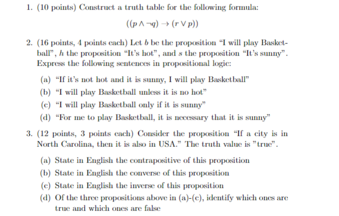 Solved 1. (10 points) Construct a truth table for the | Chegg.com
