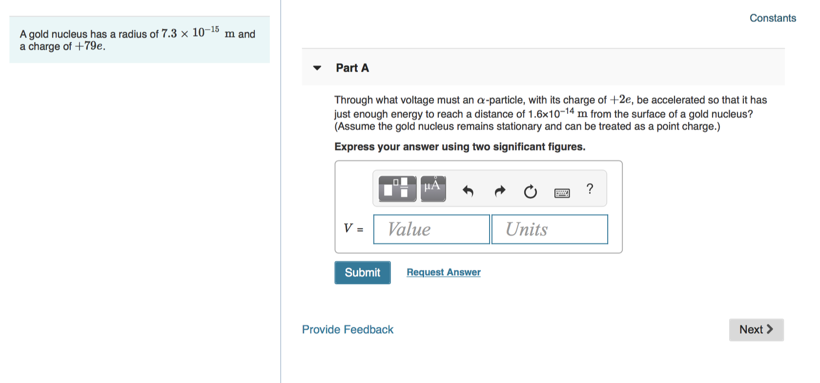 Solved Constants A gold nucleus has a radius of 7.3 x 10-15 | Chegg.com