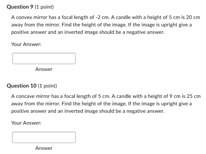 Solved A convex mirror has a focal length of −2 cm. A candle | Chegg.com