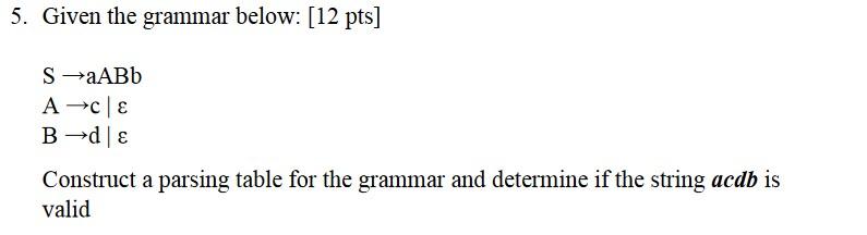 Solved 5. Given the grammar below: [12 pts] S→aABbA→c∣εB→d∣ε | Chegg.com