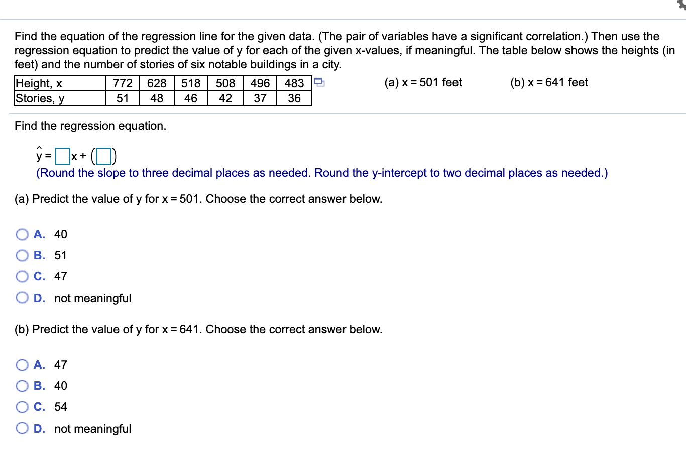 Solved Find the equation of the regression line for the | Chegg.com