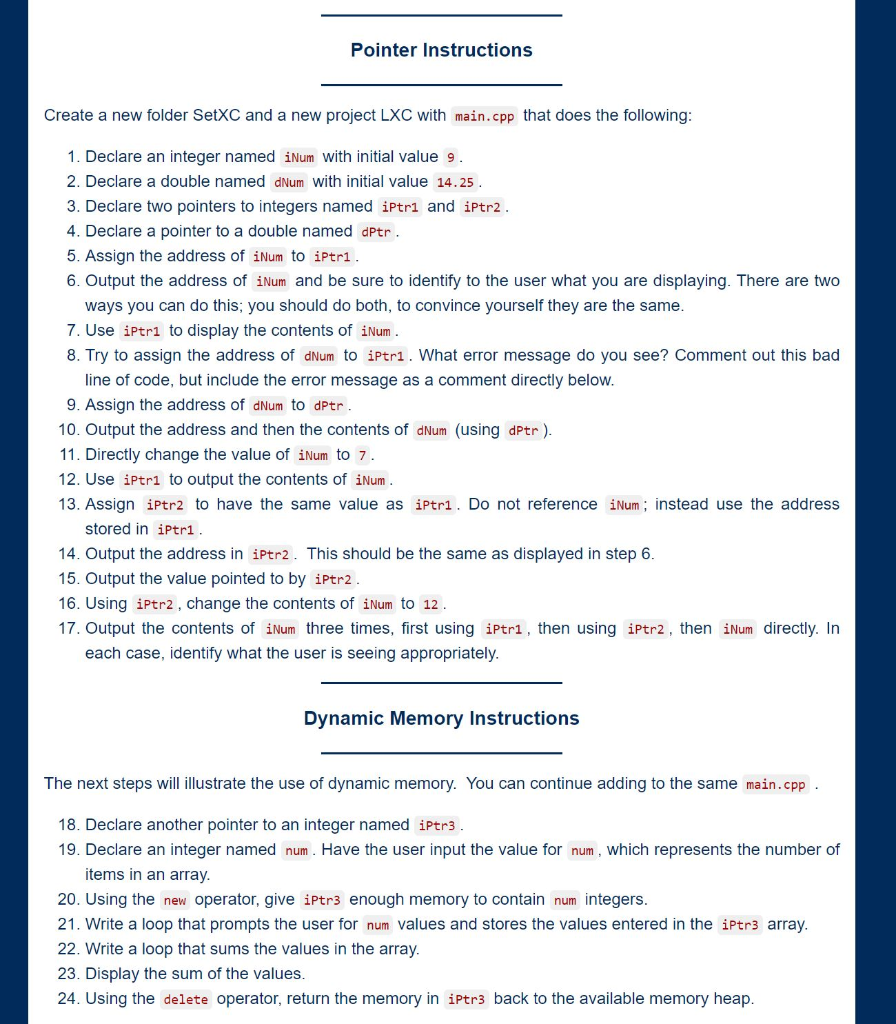 Solved Pointer Instructions Create a new folder SetXC and a | Chegg.com