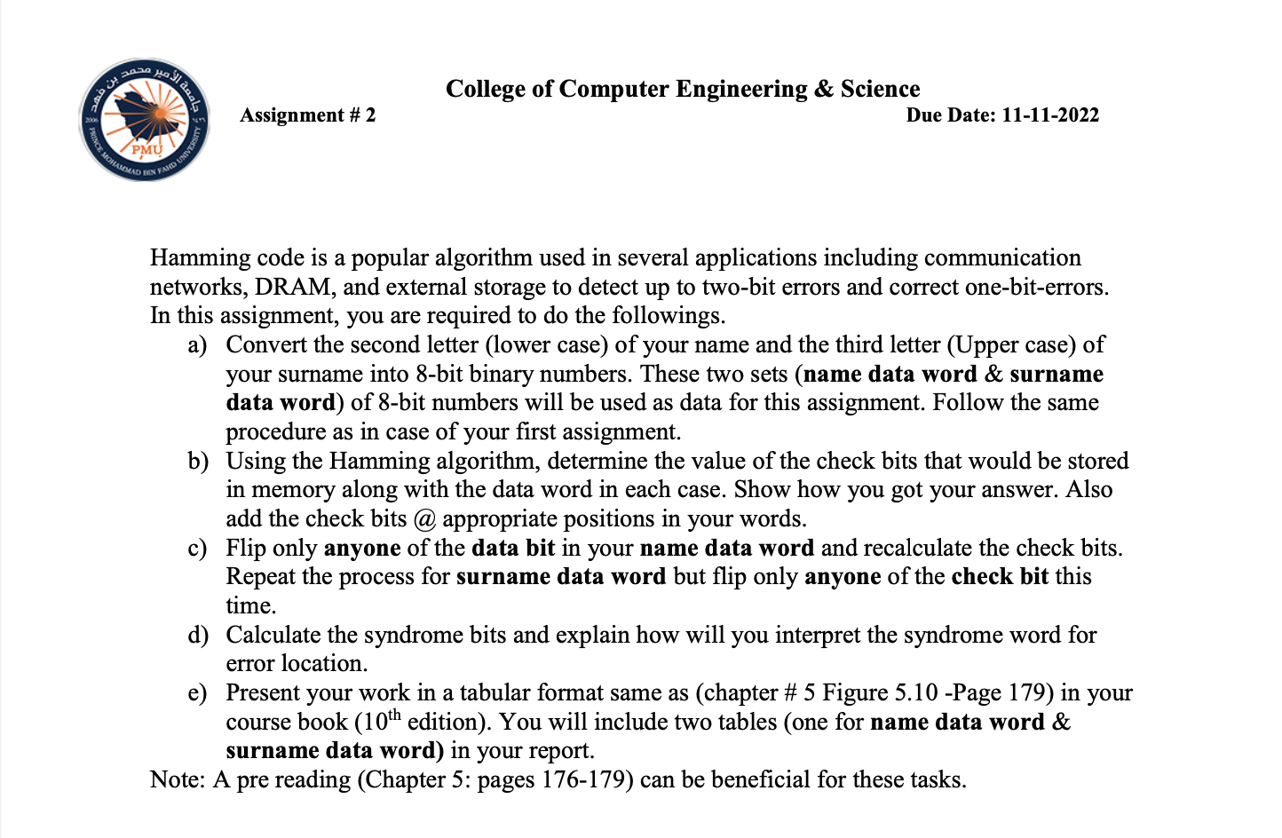 Solved Assignment \# 2 Due Date: 11-11-2022 Hamming code is | Chegg.com