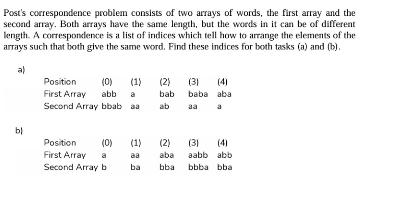 Solved Post's correspondence problem consists of two arrays | Chegg.com