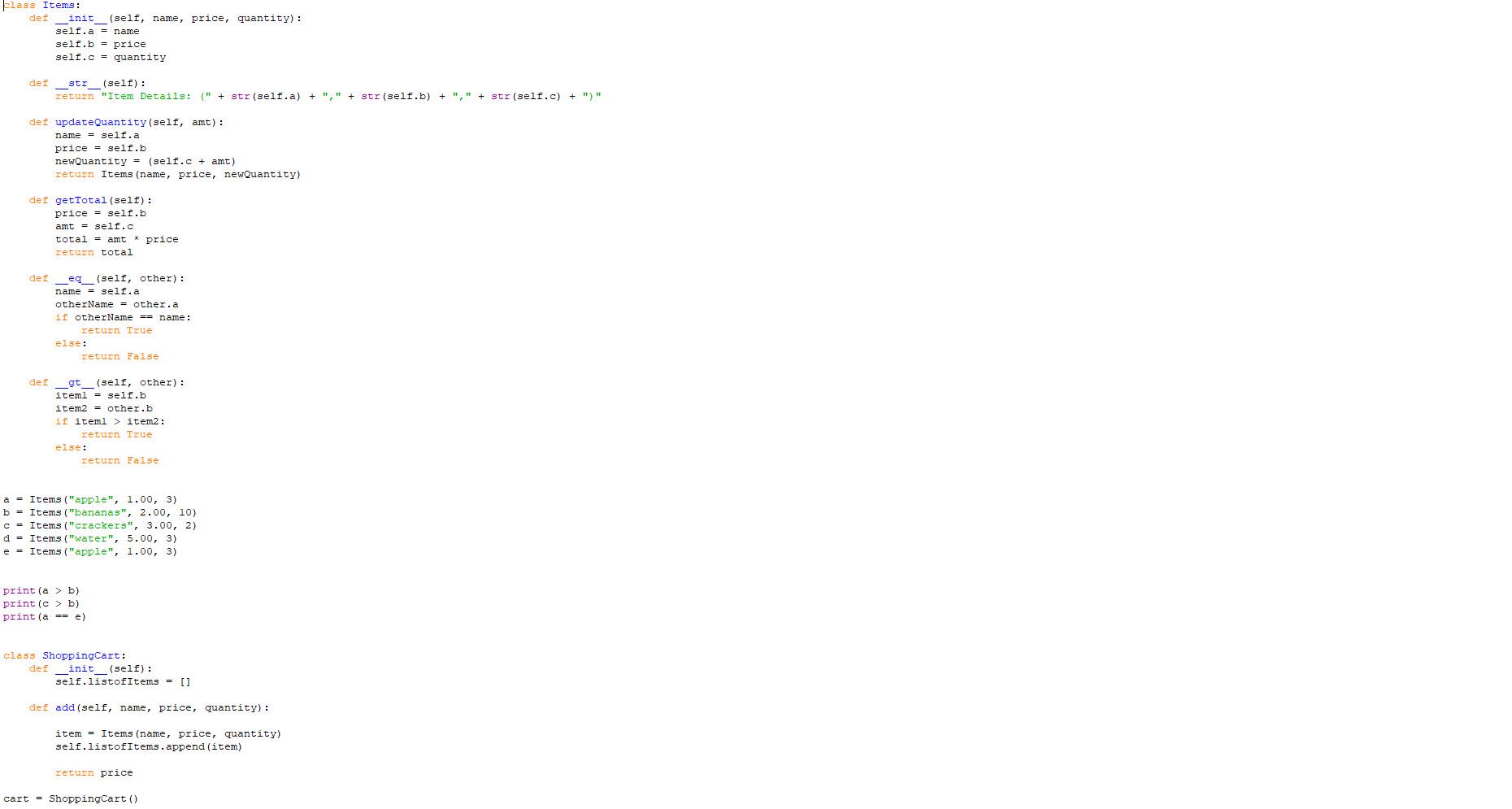Solved plass Items : def init (self, name, price, quantity): | Chegg.com