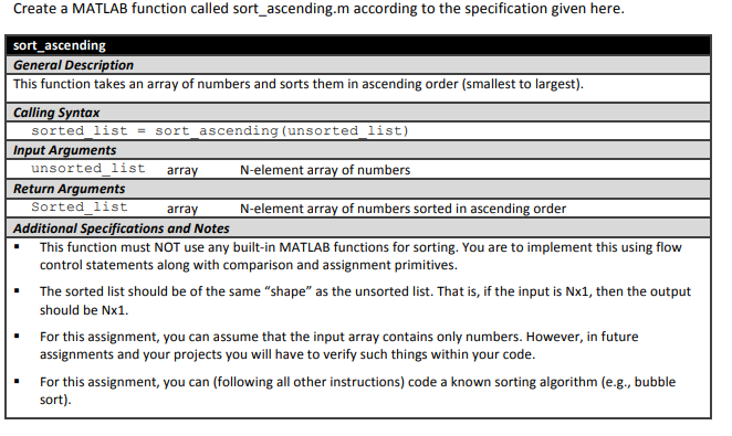 Solved Create a MATLAB function called sort_ascending.m | Chegg.com