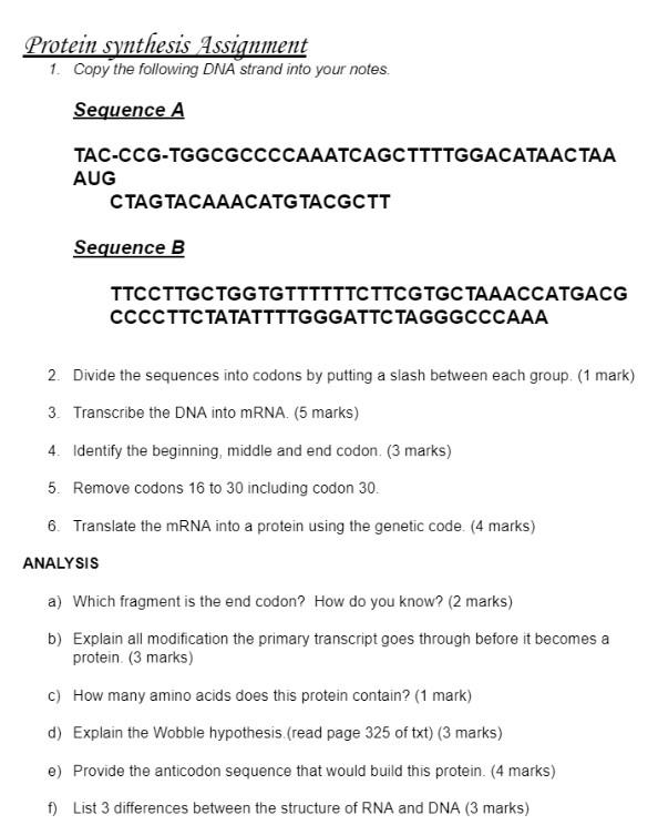 Solved Protein synthesis Assignment 1. Copy the following | Chegg.com