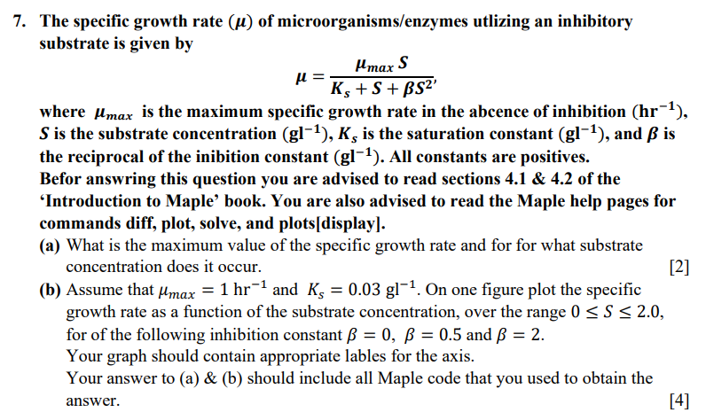 The specific growth rate (μ) of | Chegg.com