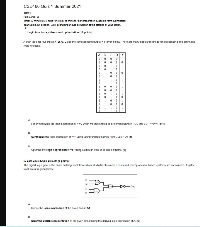 Solved CSE460 Quiz 1 Summer 2021 Slot: 1 Full Marks: 20 | Chegg.com
