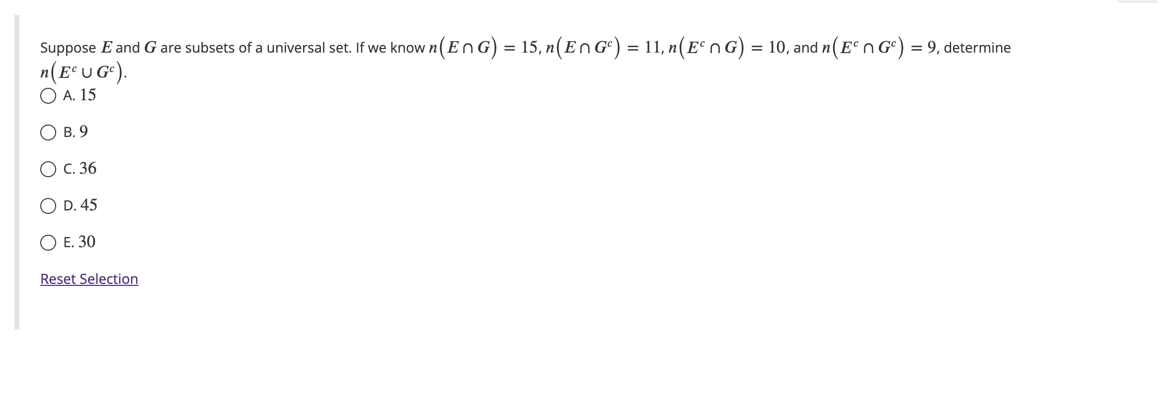 Solved Suppose E ﻿and G ﻿are subsets of a universal set. If | Chegg.com