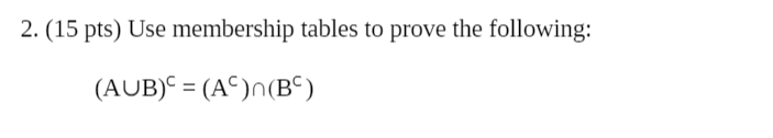 Solved 2. (15 pts) Use membership tables to prove the | Chegg.com