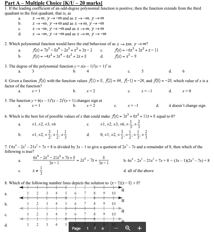 Solved Part A - Multiple Choice (K/U – 20 marks 1. If the | Chegg.com