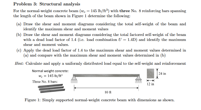 Solved For the normal-weight concrete beam (wc = 145 lb/ft3) | Chegg.com