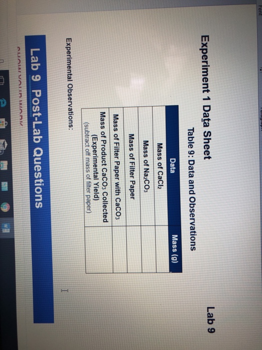 Experiment 1 Data Sheet Lab 9 Table 9 Data And 