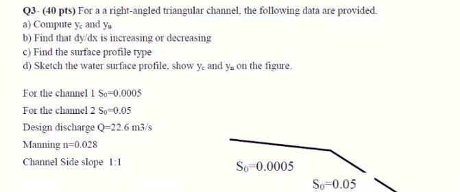 Solved 03- (40 pts) For a a right-angled triangular channel, | Chegg.com