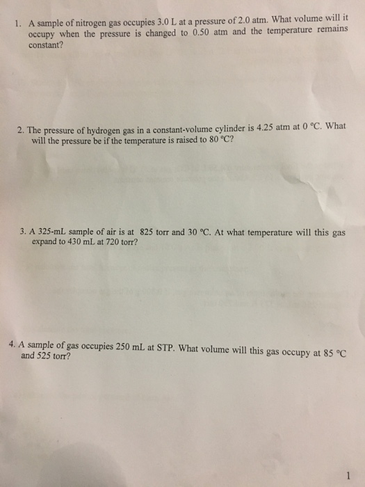 Solved 1. A sample of nitrogen gas occupies 3.0 L at a | Chegg.com