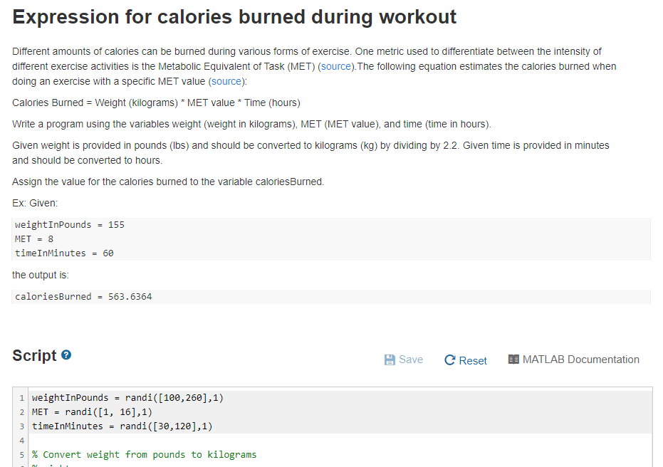 Solved Expression for calories burned during workout | Chegg.com